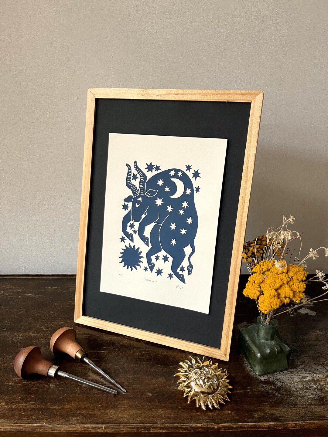 Hand Carved Original Linocut Print “zodiac Sign. Taurus” - Etsy