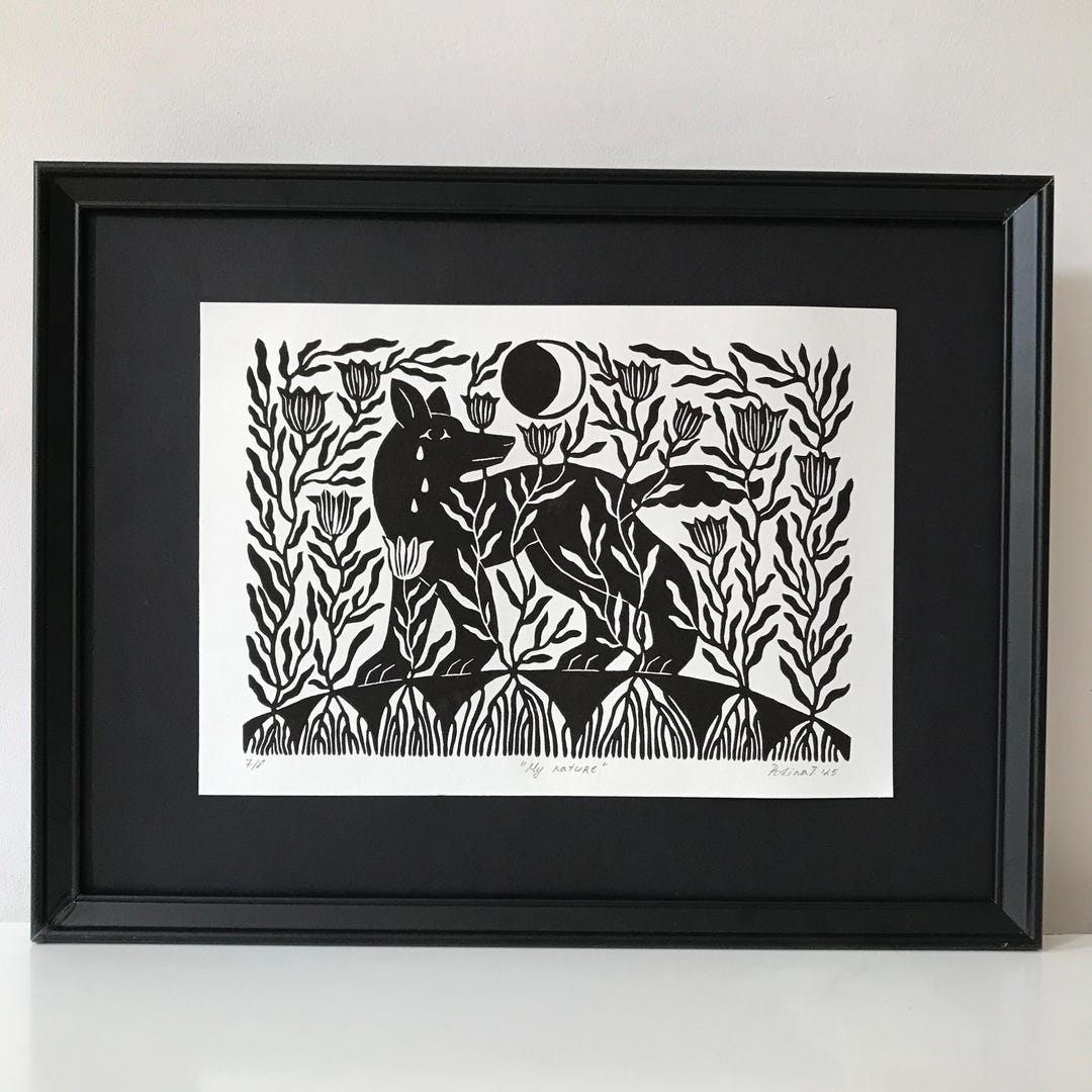 Wolf and Moon | Original Linocut Print on Paper | Lino Print | Hand ...