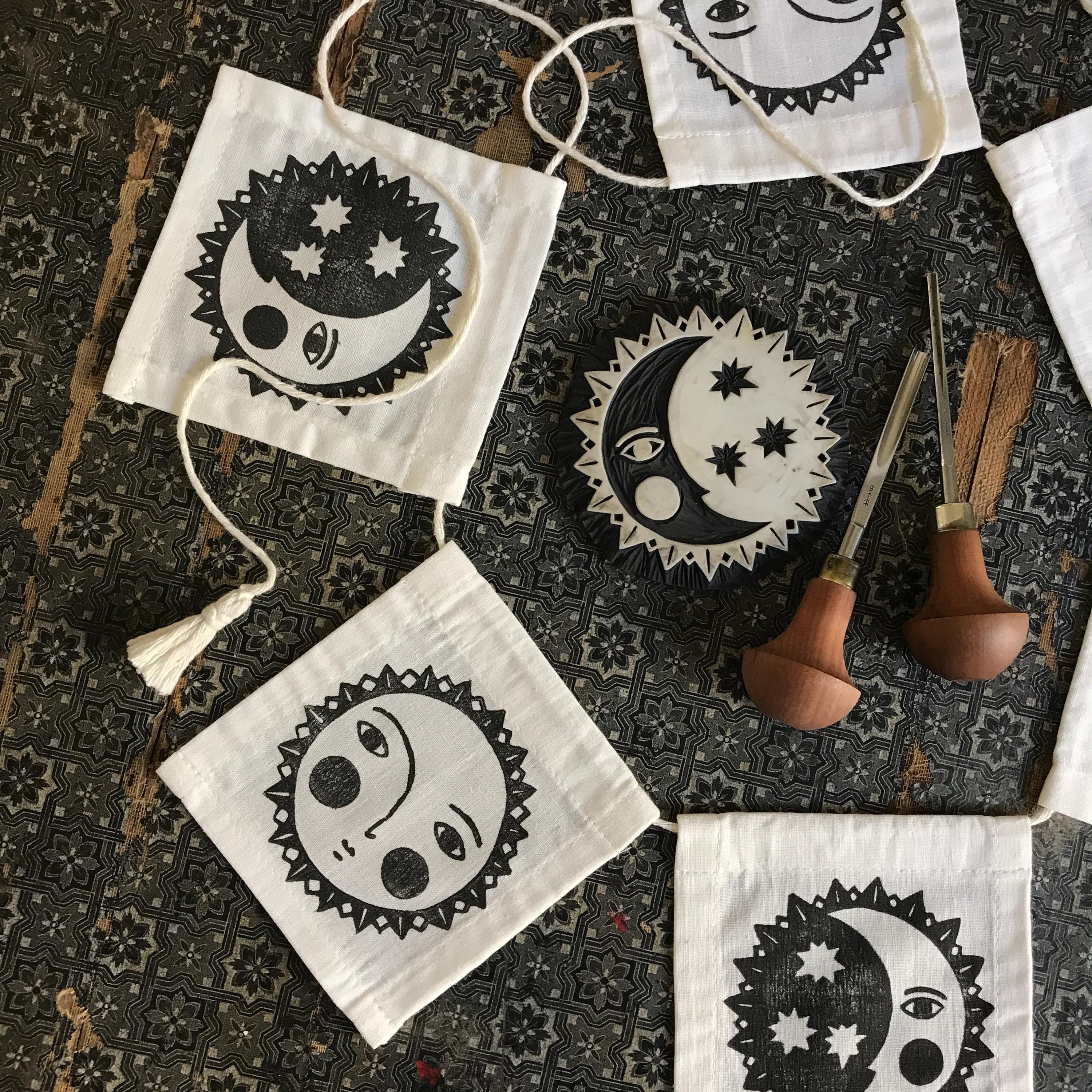 Moon and Star Garland | Original Linocut Print on Cotton | Lino Print ...
