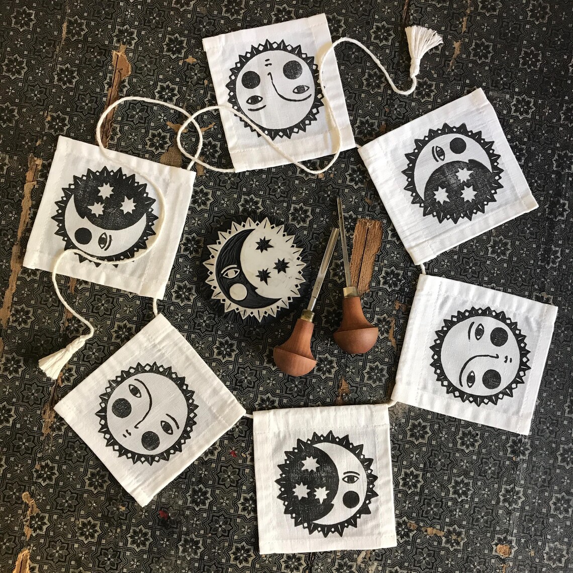 Moon and Star Garland | Original Linocut Print on Cotton | Lino Print ...