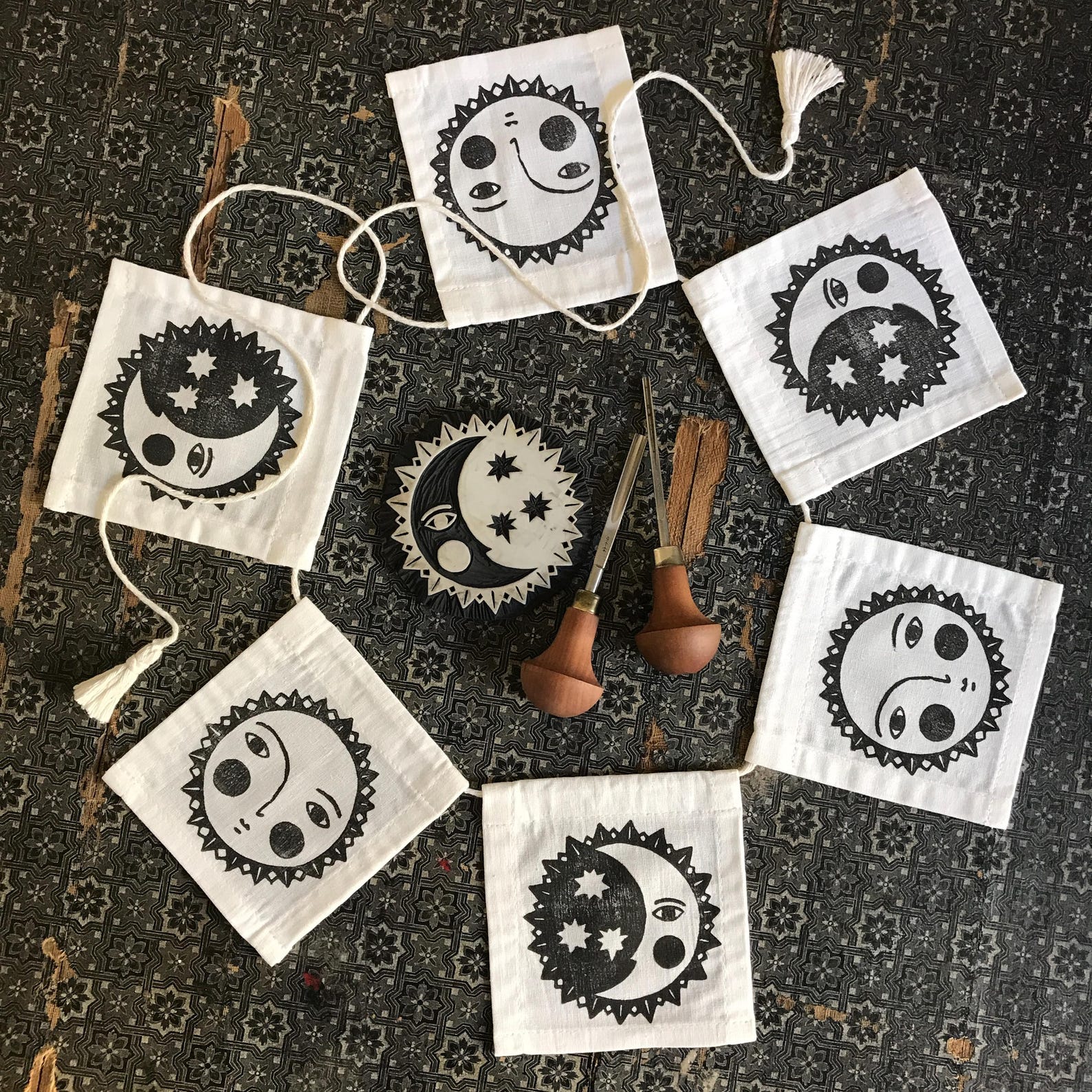 Moon and Star Garland | Original Linocut Print on Cotton | Lino Print ...