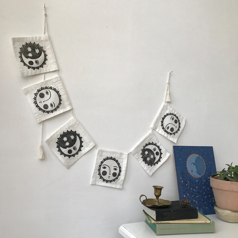 Moon and Star Garland | Original Linocut Print on Cotton | Lino Print ...