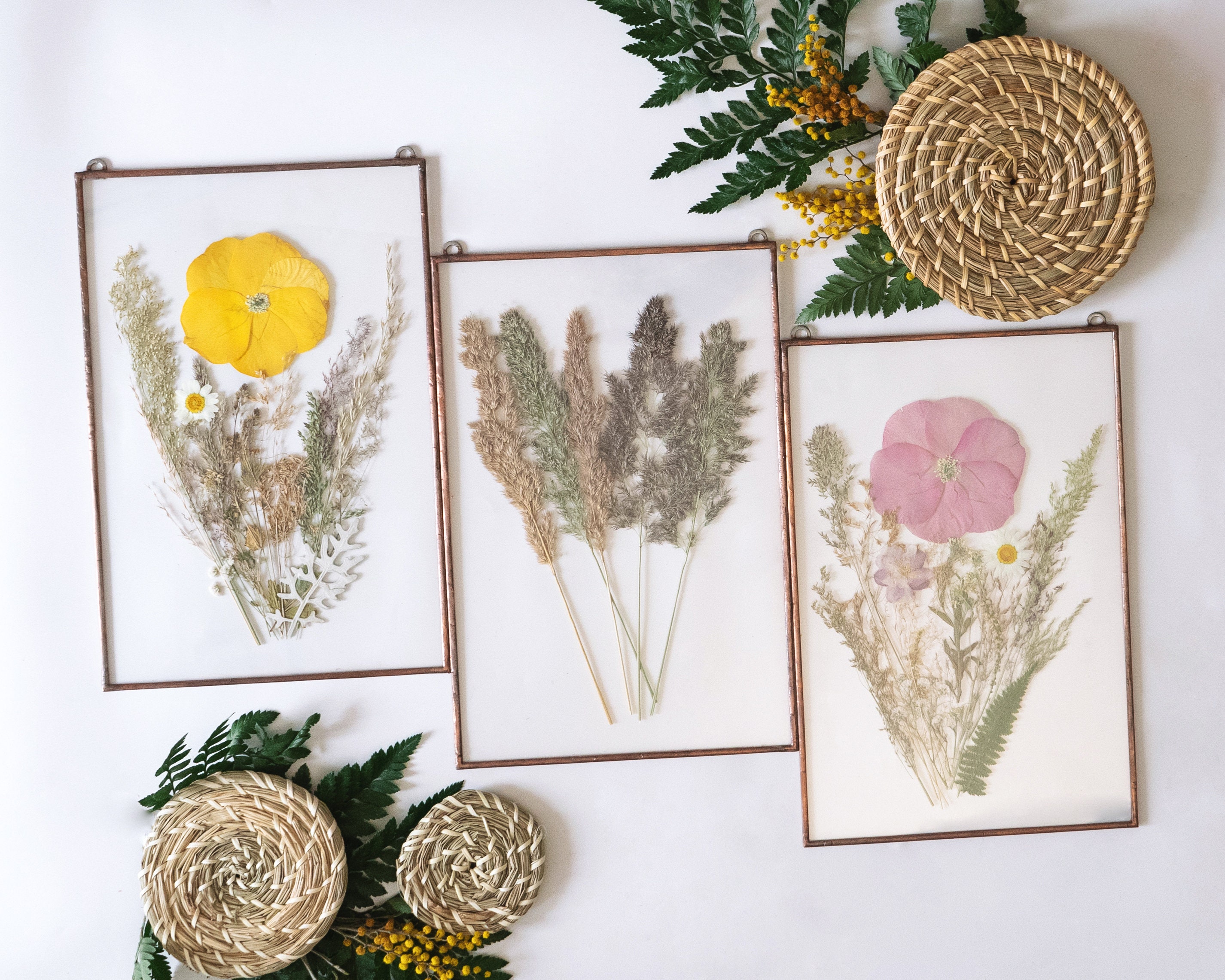 Framed wall art set of 3 pressed flower frame hanging floral | Etsy