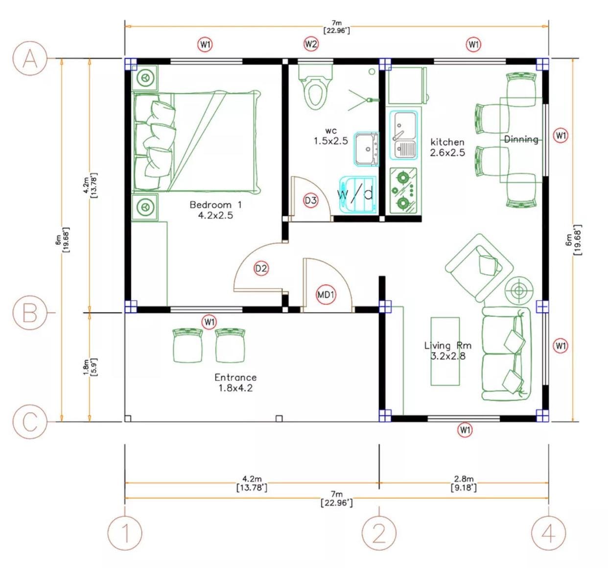 23x20 Feet Tiny House Plans 7x6 Meter One Bedroom Gable Roof Full Plan ...