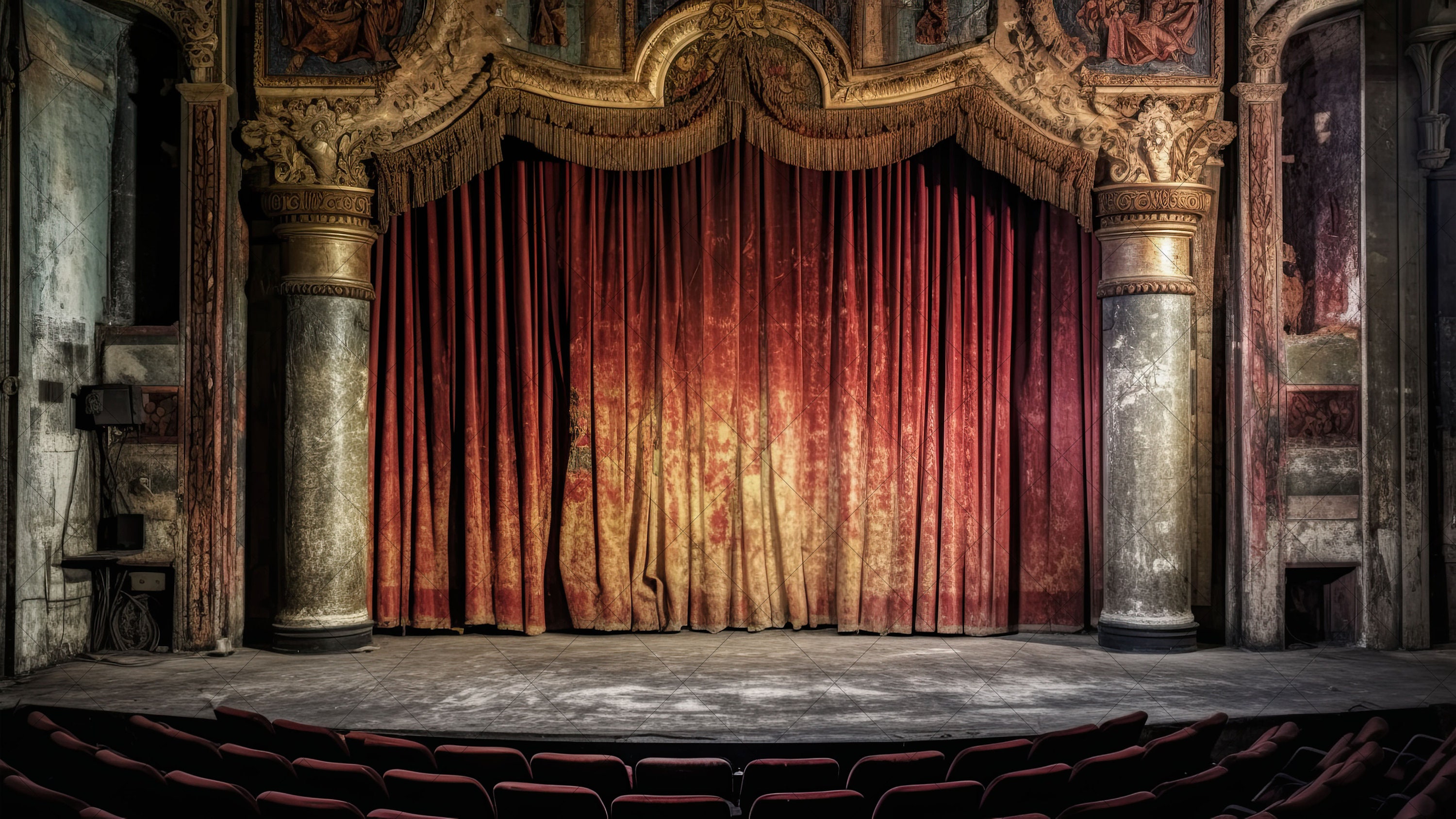 Emtpy Old Theatre Stage Digital Backdrop - Digital Background - 16" X 9 ...