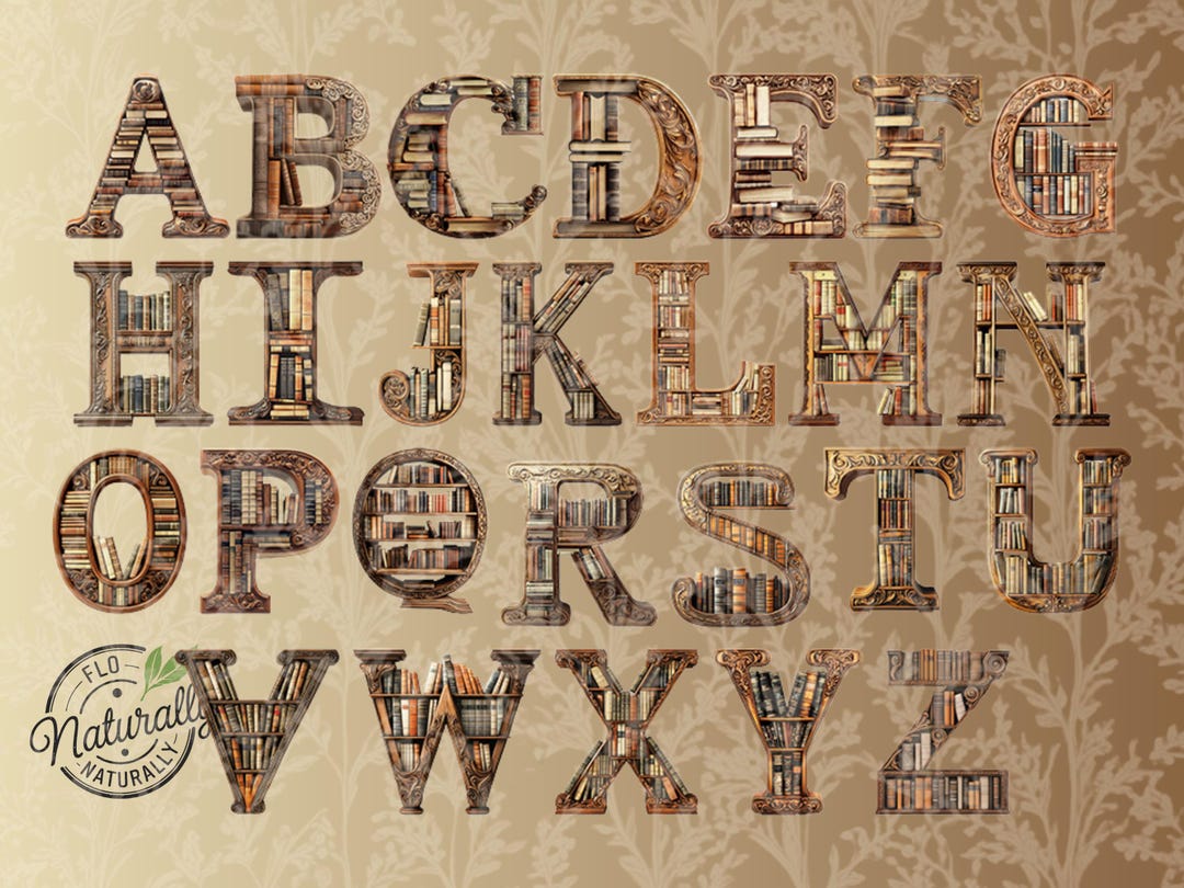 Bookshelf Alphabet PNG Bundle: Vintage Book Letters Clipart (digital ...