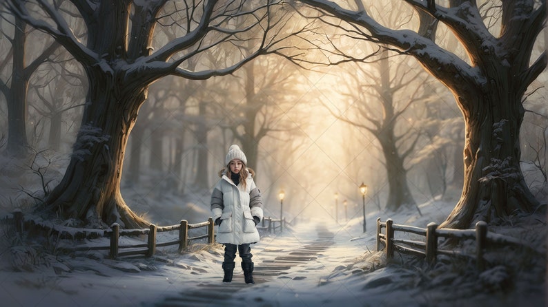 Winter Forest Walk Illustrated Digital Backdrop for Compositing Winter/holiday Backdrop Approx ...