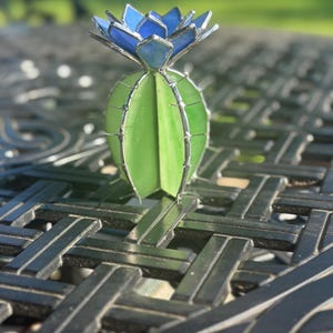 Handmade Stained Glass Cactus With Blue Three Layer Flower and ...