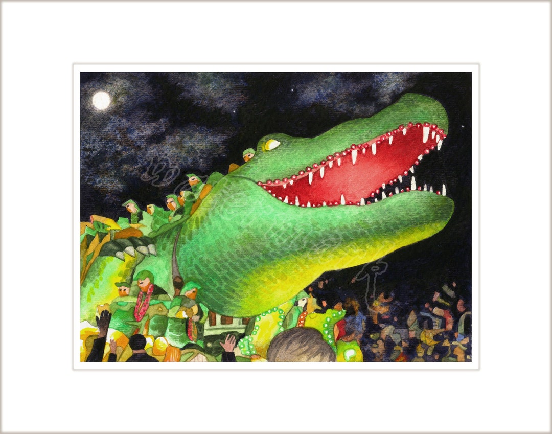 Bacchagator, Mardi Gras, Matted Giclée Print of Watercolor, New Orleans ...