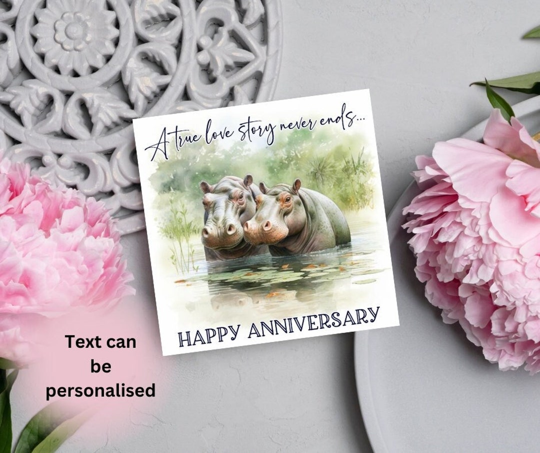 Handmade Happy Anniversary Hippo Greeting Card - Valentine's Day - Etsy