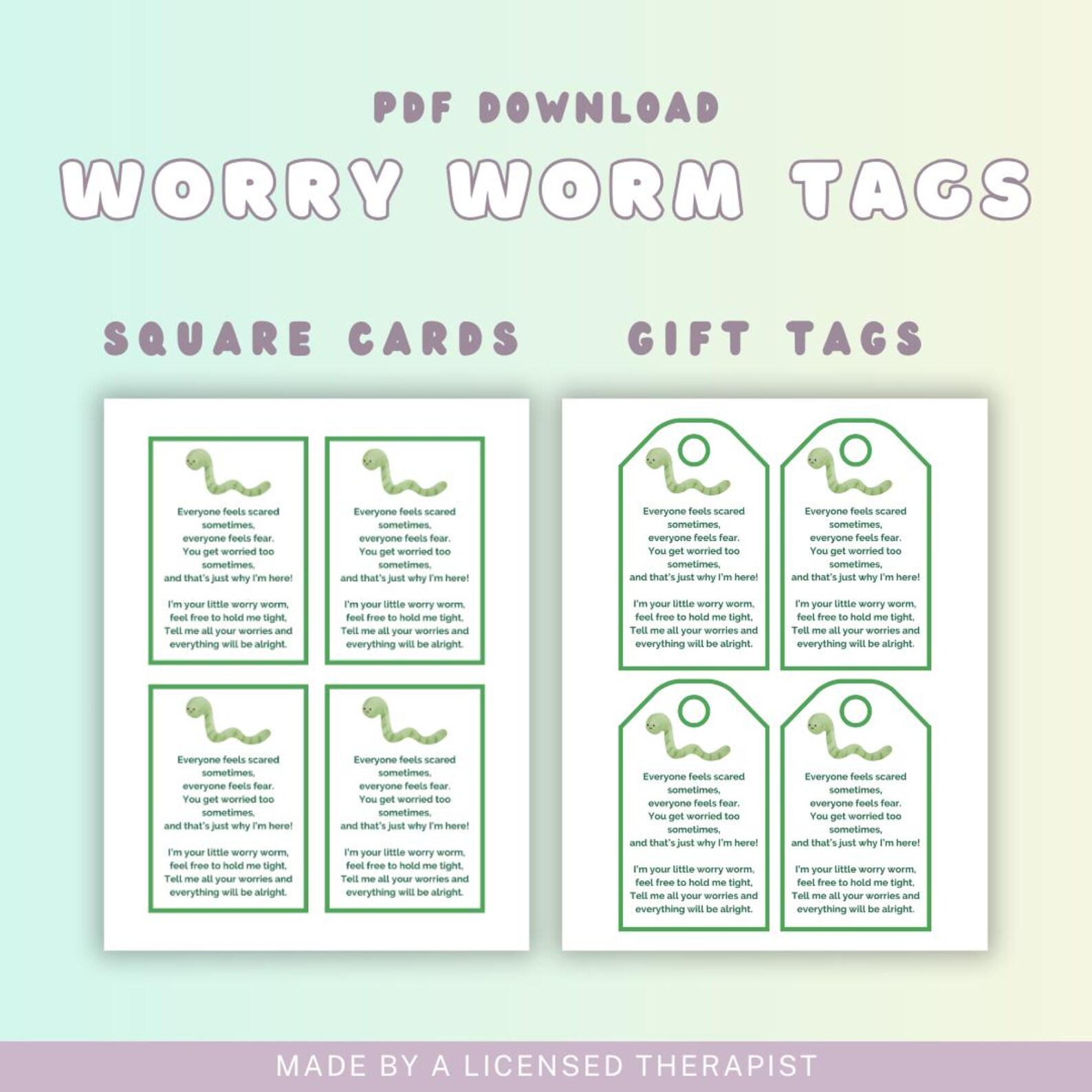 Printable Green Worry Worm Gift Tags & Cards (PDF) - Etsy