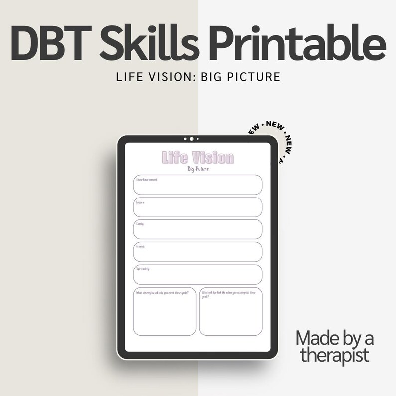 DBT Life Vision Worksheet | Printable Therapy Worksheet, DBT Coping ...