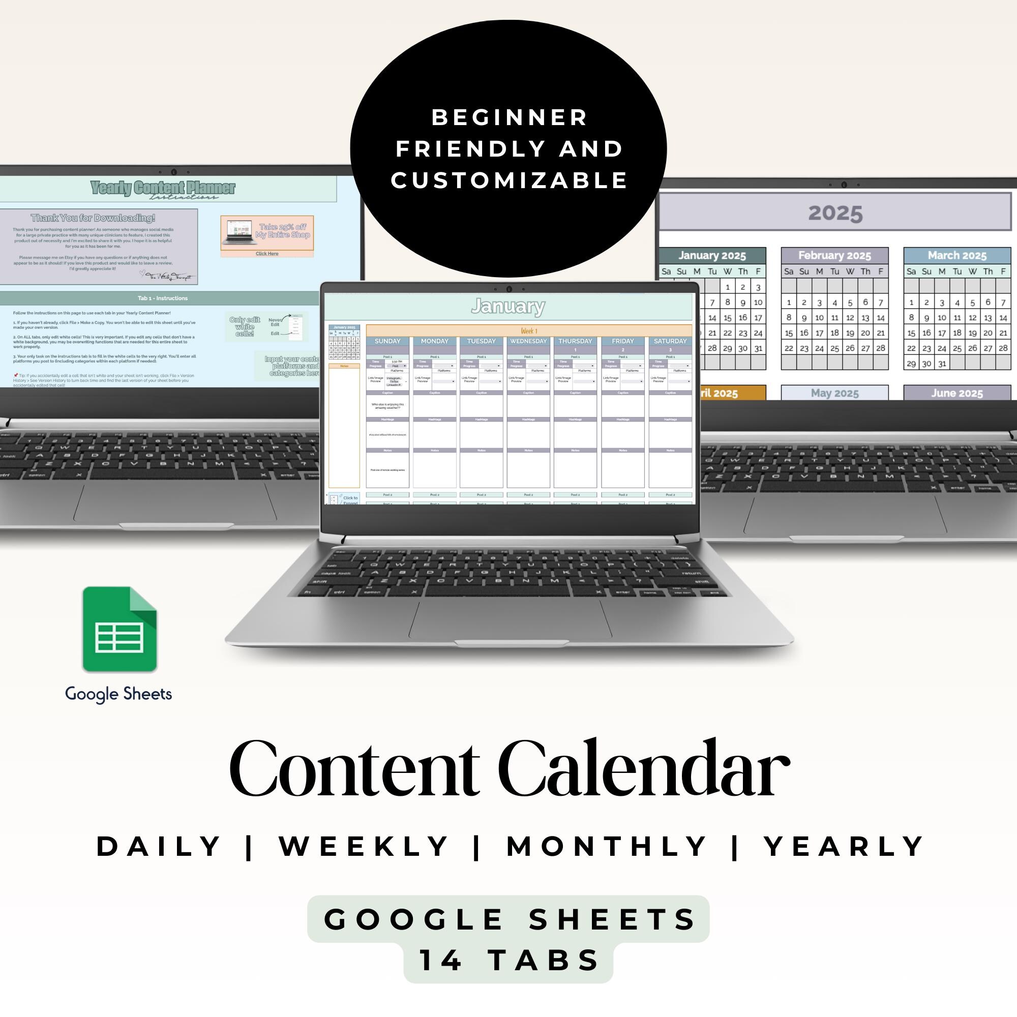 Google Sheets Social Media Content Calendar, Yearly Planning Template ...