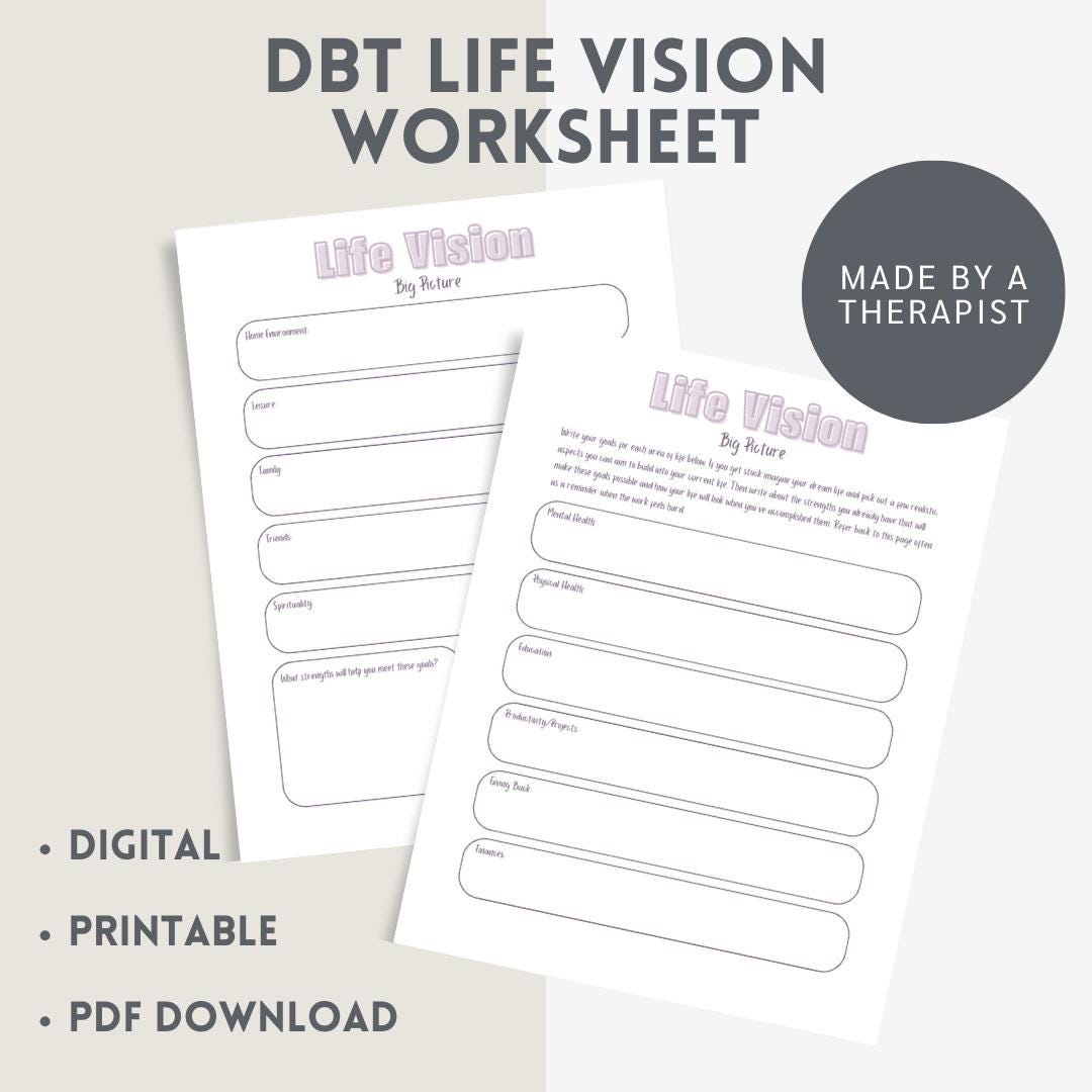 DBT Life Vision Worksheet | Printable Therapy Worksheet, DBT Coping ...