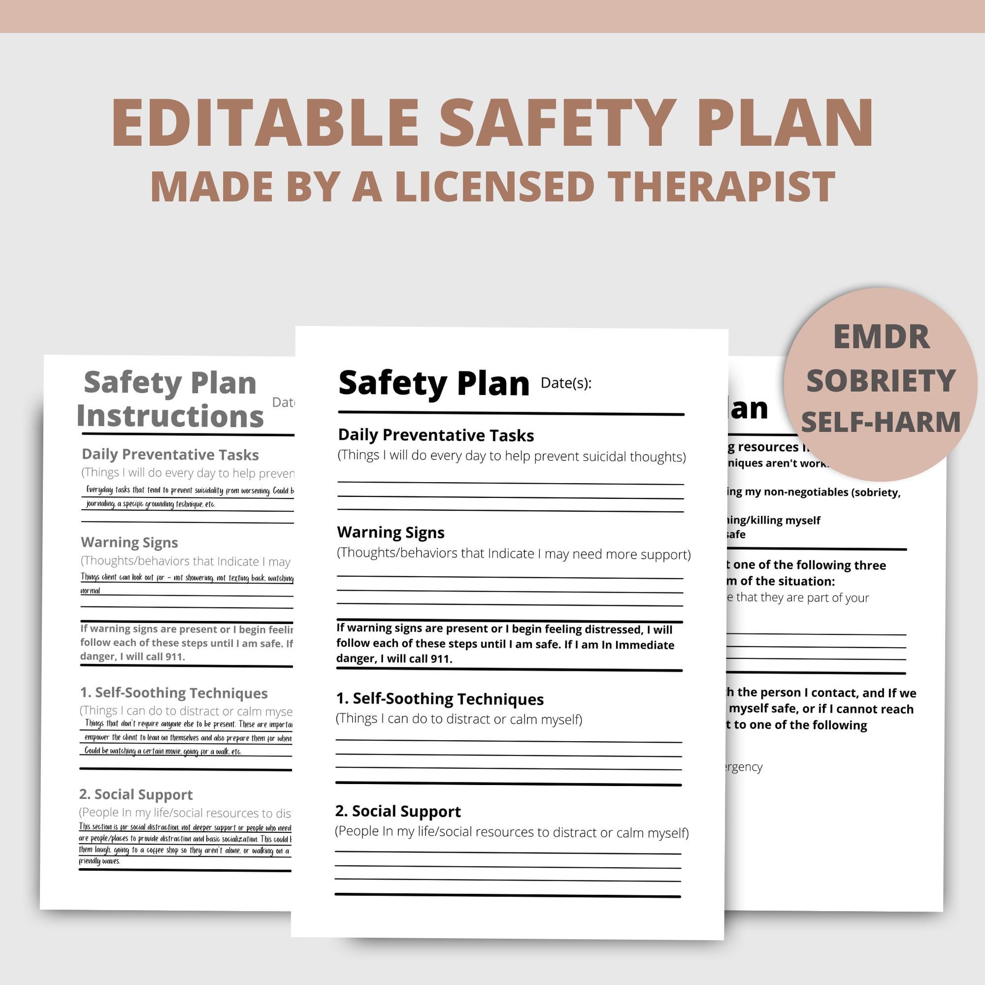 Therapist Safety Plan Printable: EMDR, Trauma, Addiction (editable PDF ...