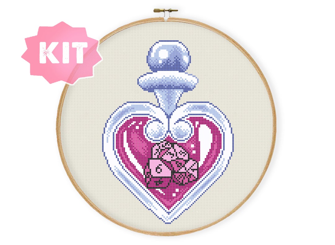 Heart Jar Dices Cross Stitch Kit, Dnd Dice Embroidery, D20 Dice DIY ...