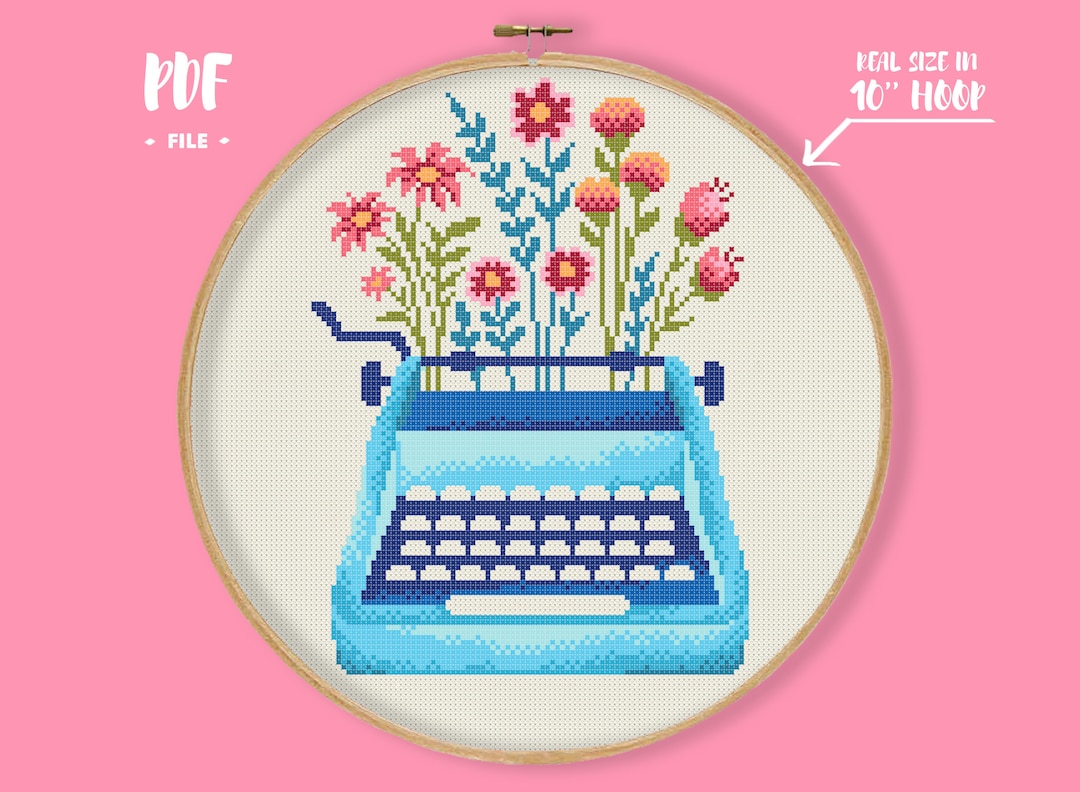Floral Typewriter Cross Stitch Pattern, Turquoise Blue Keyboard, Floral ...