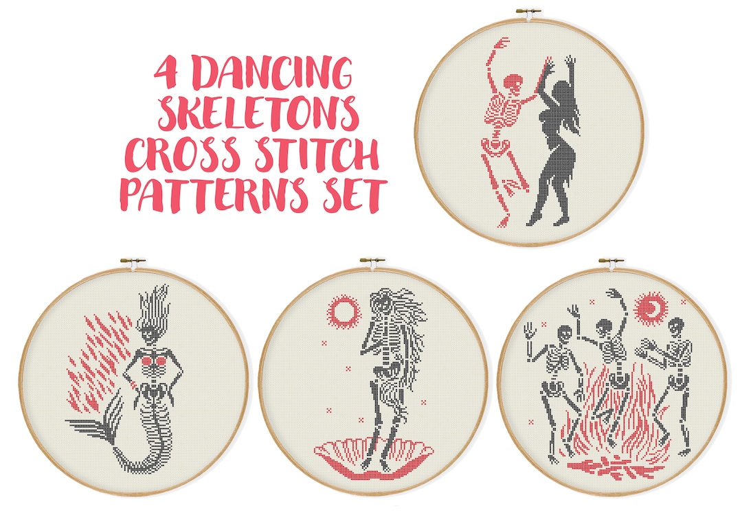 Set 4 Dancing Skeletons Cross Stitch Pattern, Goth Embroidery, Skull ...
