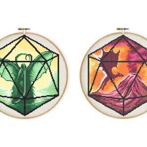 10 Dnd Dice Cross Stitch, D20 Dice Silhouette Embroidery, Flying Dragon ...