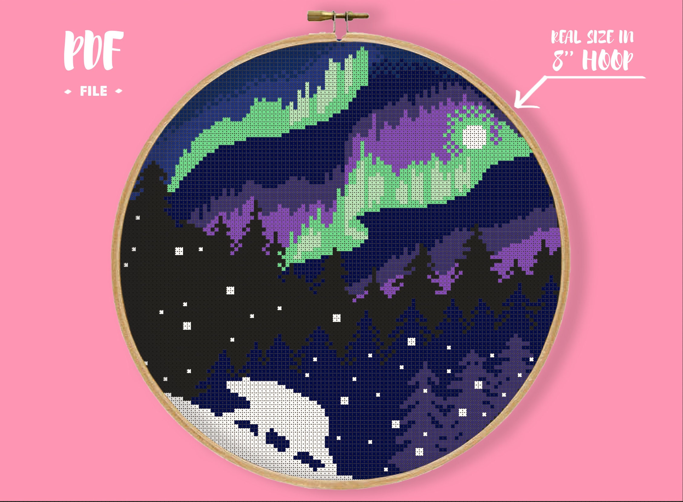 Northern Light Cross Stitch Pattern, Polar Bear Silhouette Needlepoint ...
