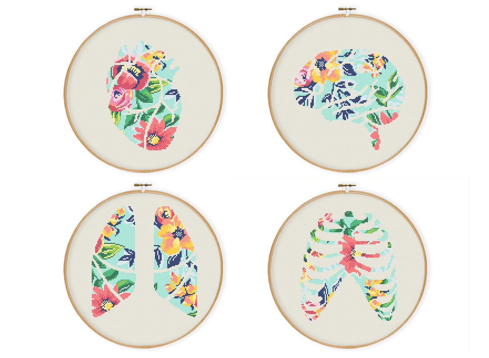 9 Patterns Set Floral Anatomy Embroidery Heart Brain Lungs - Etsy