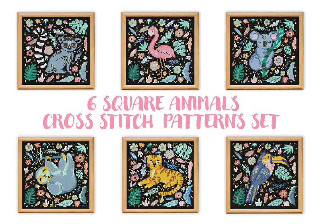 Set 6 Square Animals Cross Stitch, Cute Animal Embroidery, Nursery ...