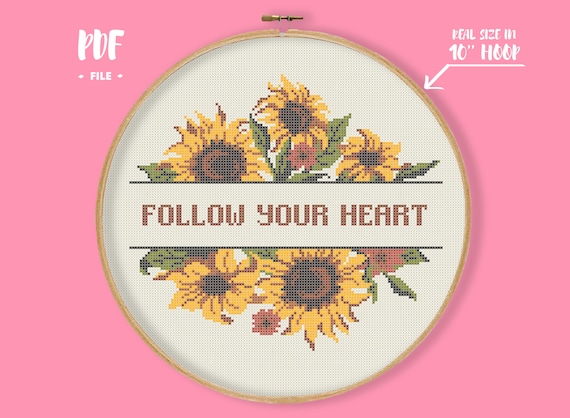Follow Your Heart Cross Stitch Pattern Empower Quotes | Etsy