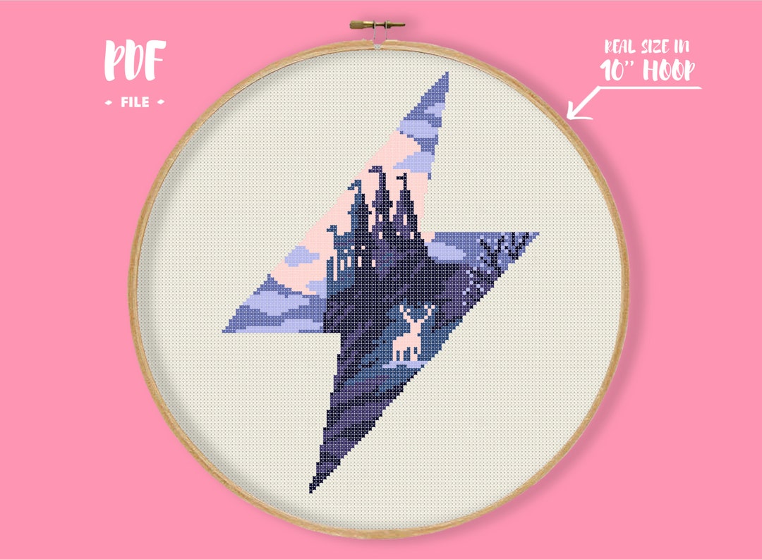Lightning Shape Cross Stitch Pattern, Simple Magic Castle Needlepoint ...