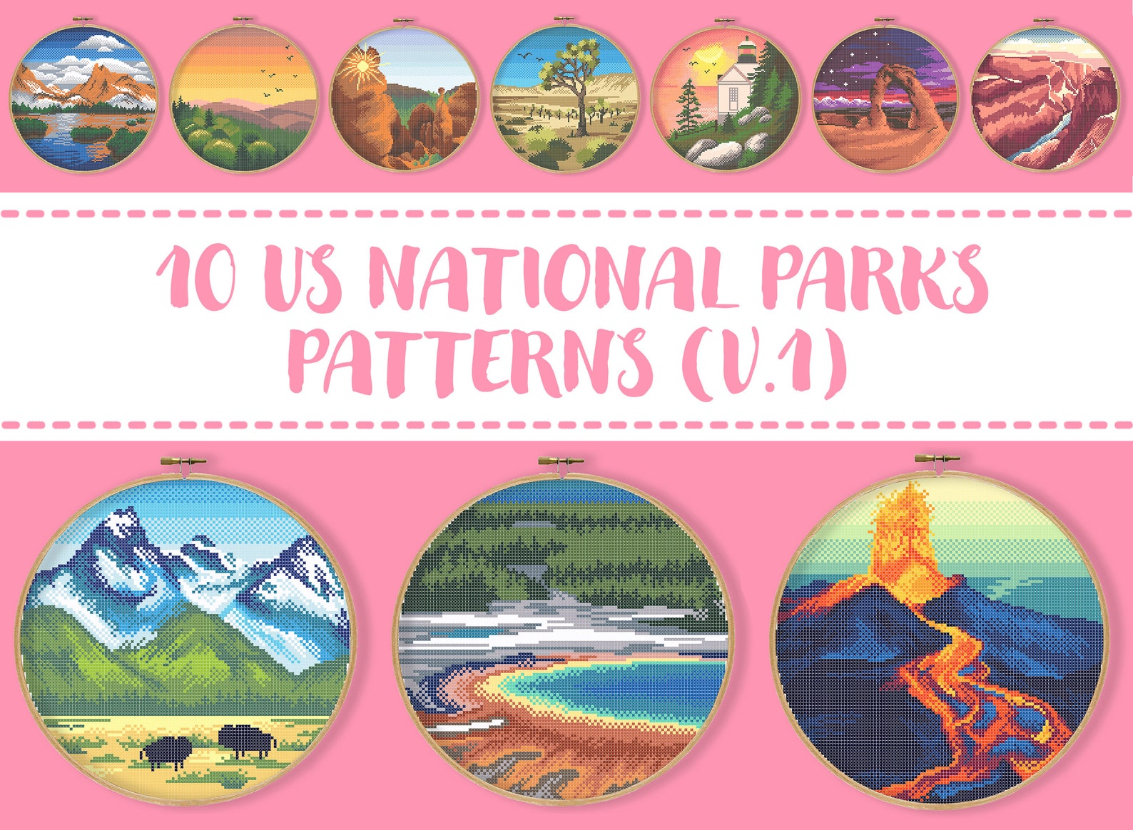 10 US National Parks Cross Stitch Patterns, Arches Yellowstone Acadia ...