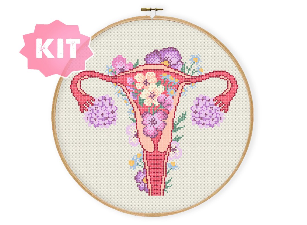 Floral Uterus Cross Stitch Kit, Female Anatomy Embroidery, Human Body ...