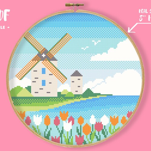 Windmill and Tulips Cross Stitch Pattern Holland Embroidery - Etsy