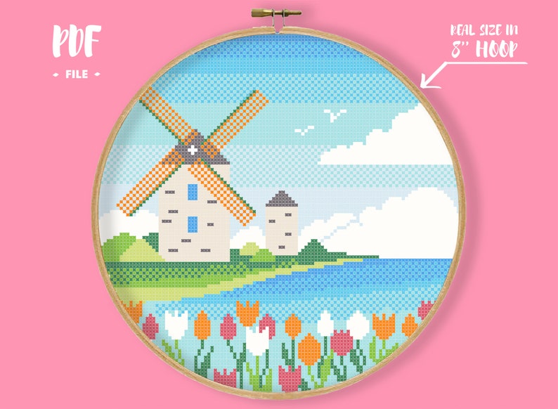 Windmill and Tulips Cross Stitch Pattern Holland Embroidery | Etsy