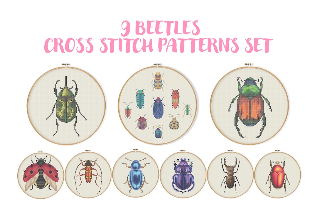 9 Beetle Set Cross Stitch Pattern, Bug Insect Embroidery, Nature ...