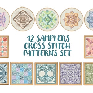 12 Sampler Cross Stitch Patterns, Geometrical Embroidery, Primitive Ornaments Needlework, Quaker ...