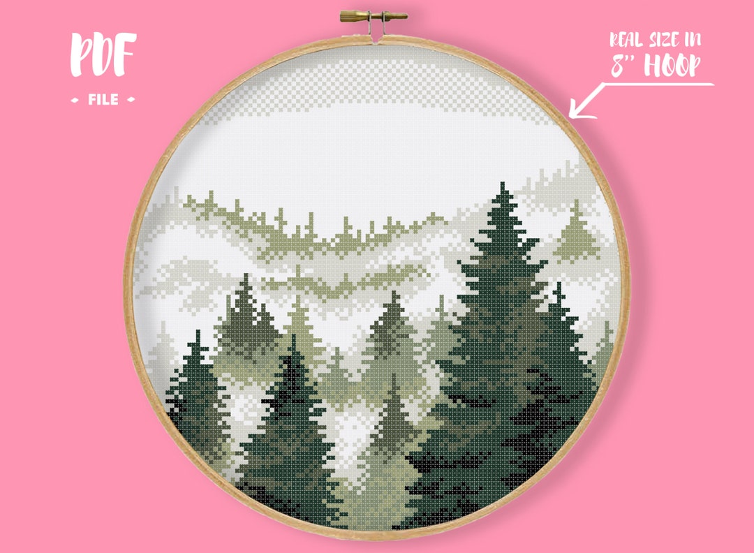 Round Green Foggy Forest Cross Stitch Pattern, Forest Embroidery ...