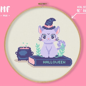 Violet Cat Halloween Cross Stitch Pattern, Pastel Goth Embroidery, Cute ...