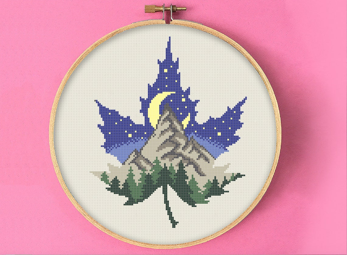 Maple Leaf Cross Stitch Pattern Nature Mountain Moon | Etsy