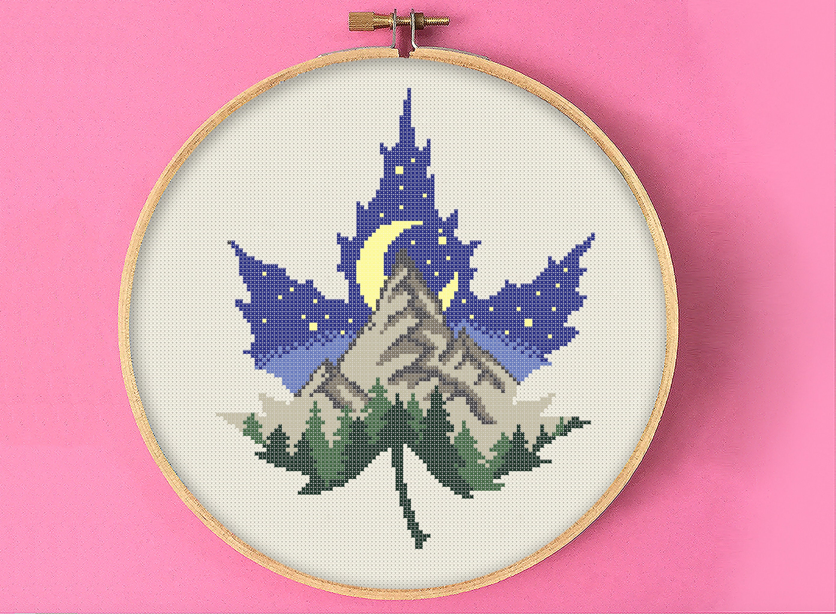 Maple Leaf Cross Stitch Pattern Nature Mountain Moon | Etsy