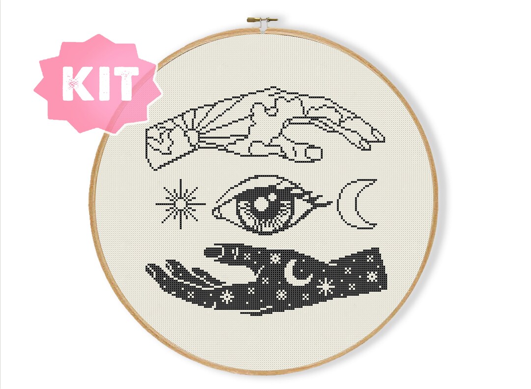 Celestial Hands Eye Cross Stitch Kit, Witchy Embroidery, Monochrome Needlepoint, Gothic Day and ...