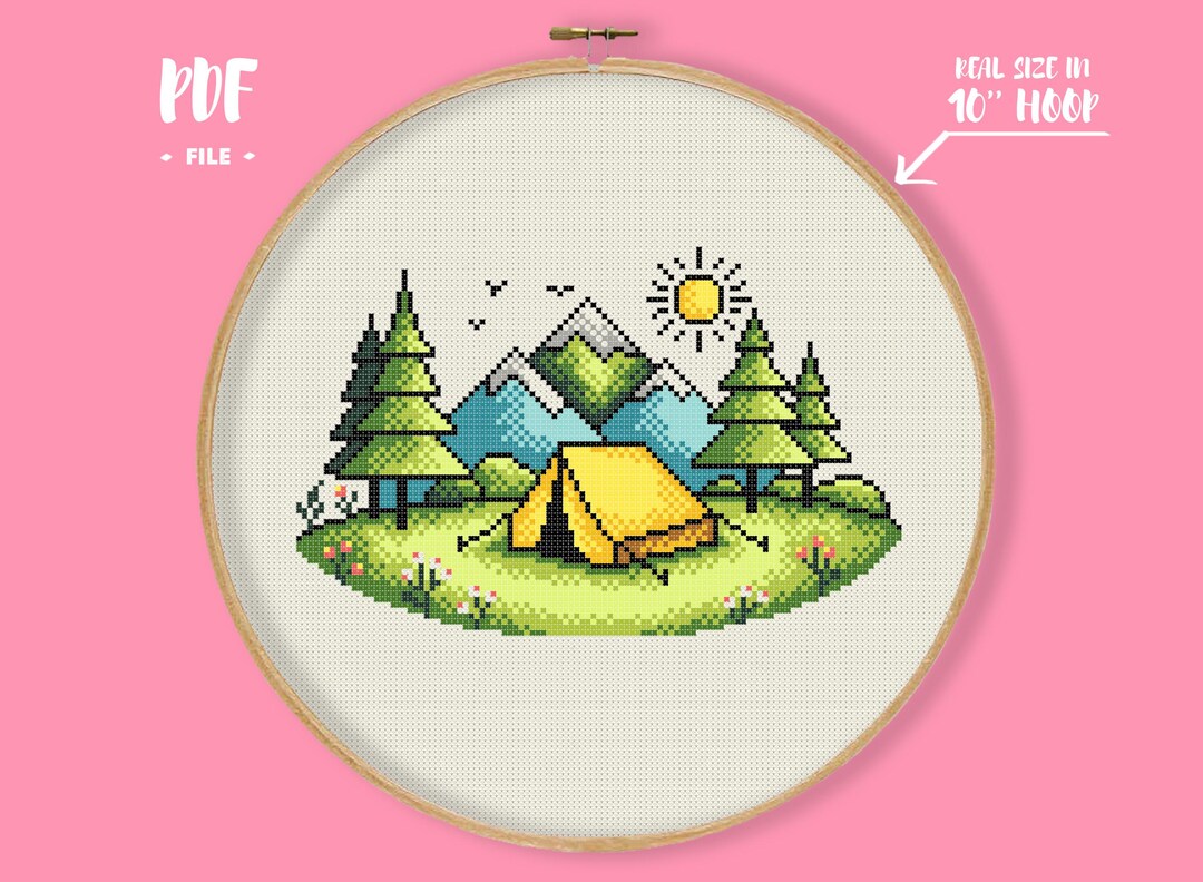 Sunny Camping Cross Stitch Pattern, Tent in Mountains Embroidey, Forest Camp Needlepoint ...