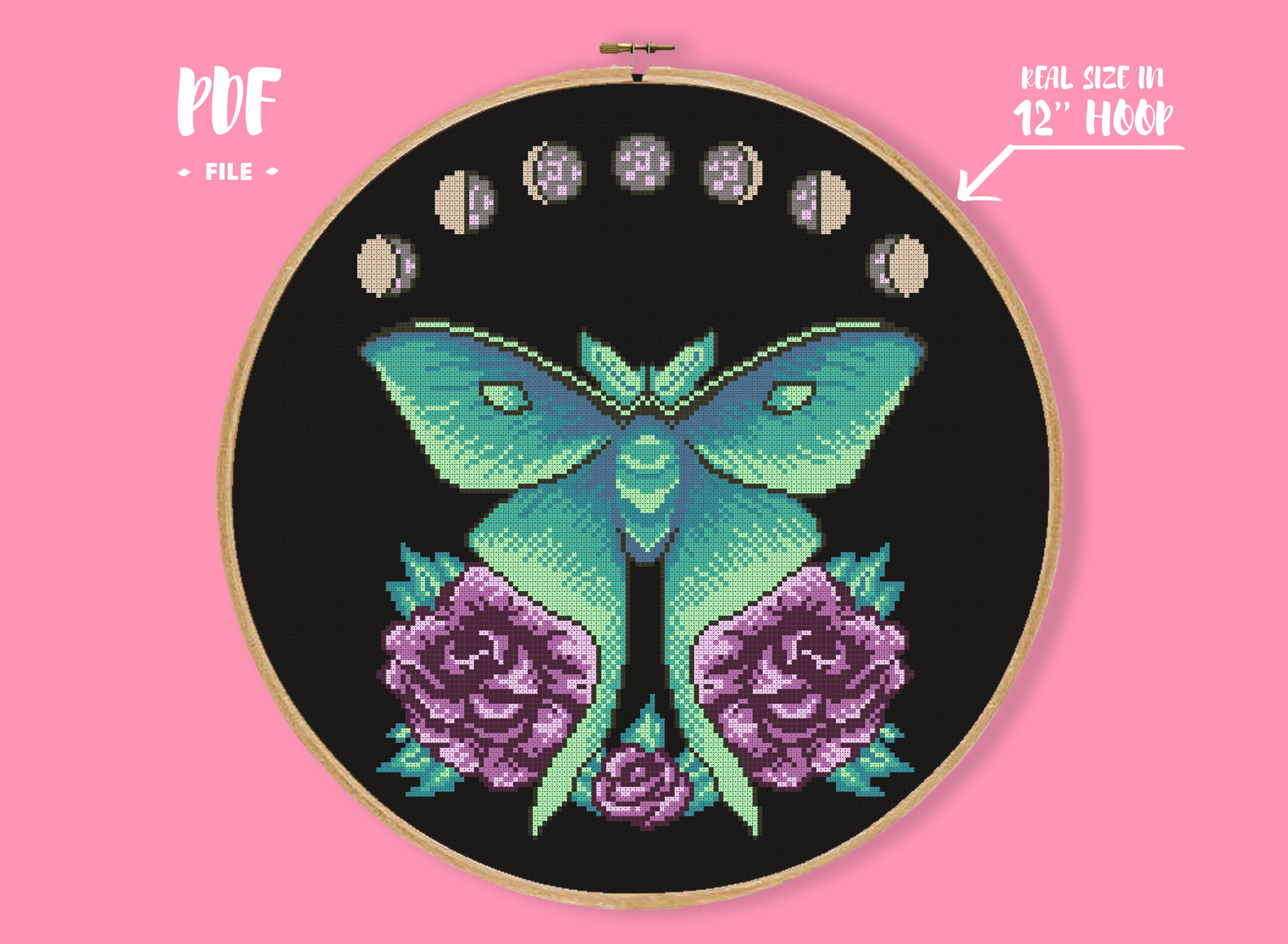 Night Moth Cross Stitch Pattern, Full Moon Embroidery, Violet Roses ...