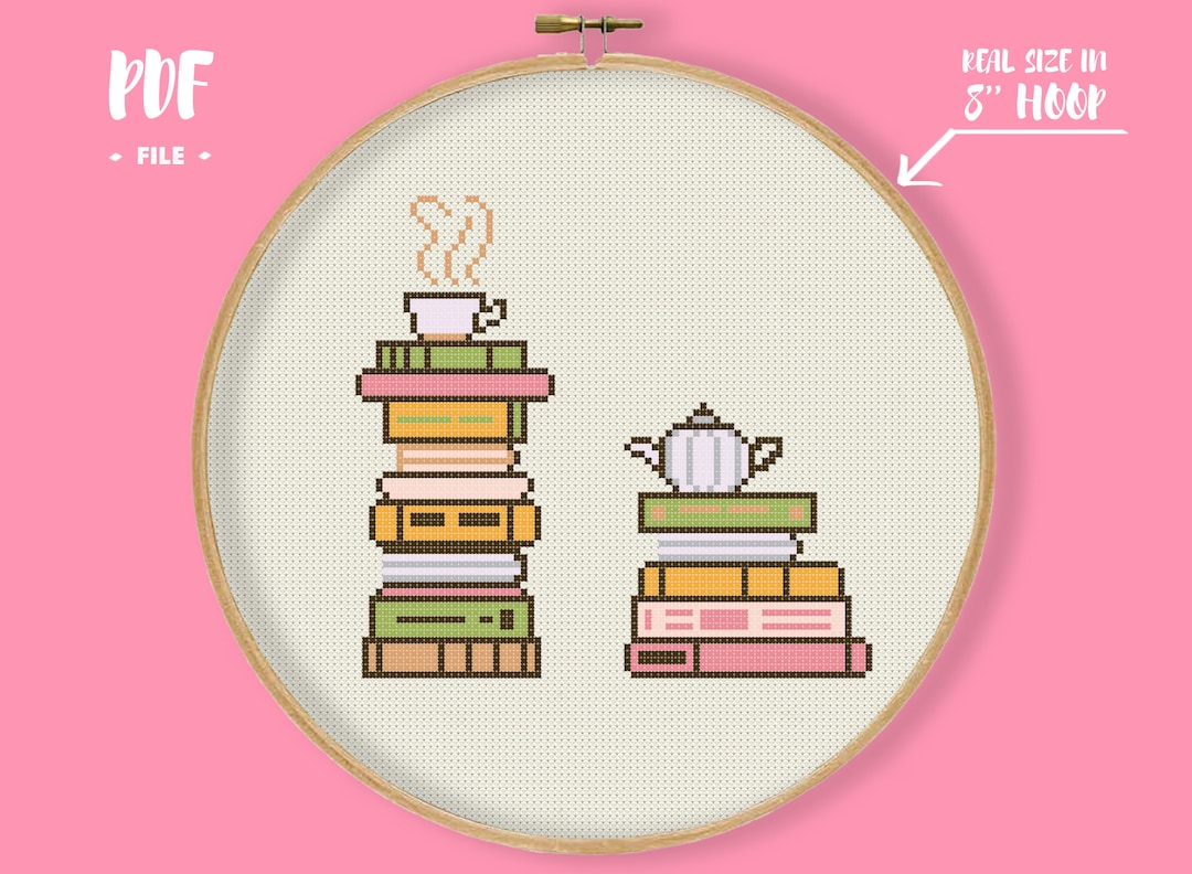 Books and Tea Cross Stitch Pattern, Bookworm Embroidery, Cozy Reading ...