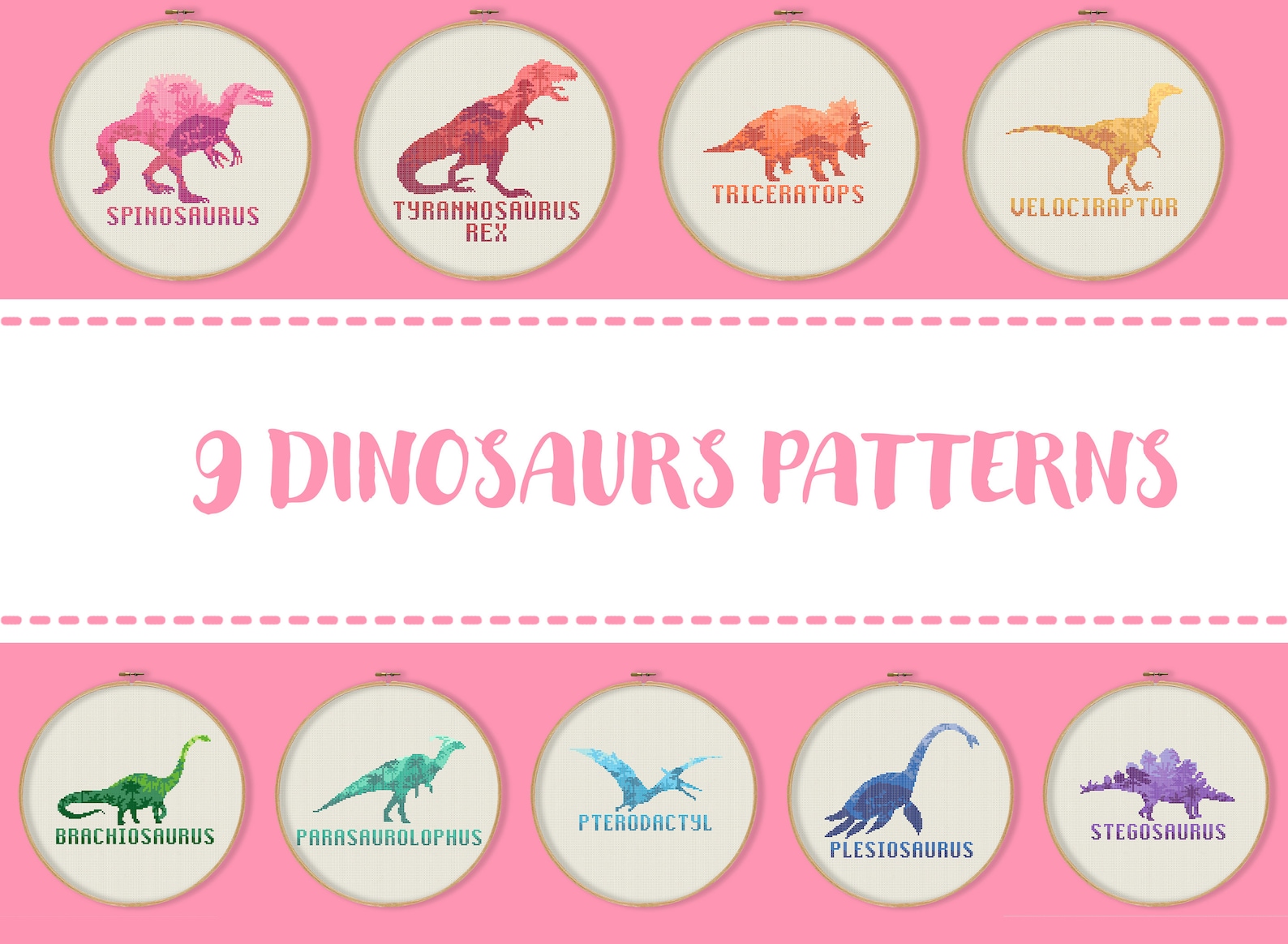 9 Dinosaurs Cross Stitch Patterns, Tyrannosaurus Rex Triceratops ...