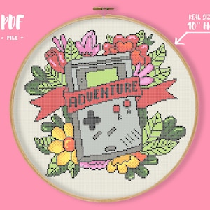 Game Adventure Cross Stitch Pattern, Floral Geeky Gamer Embroidery ...