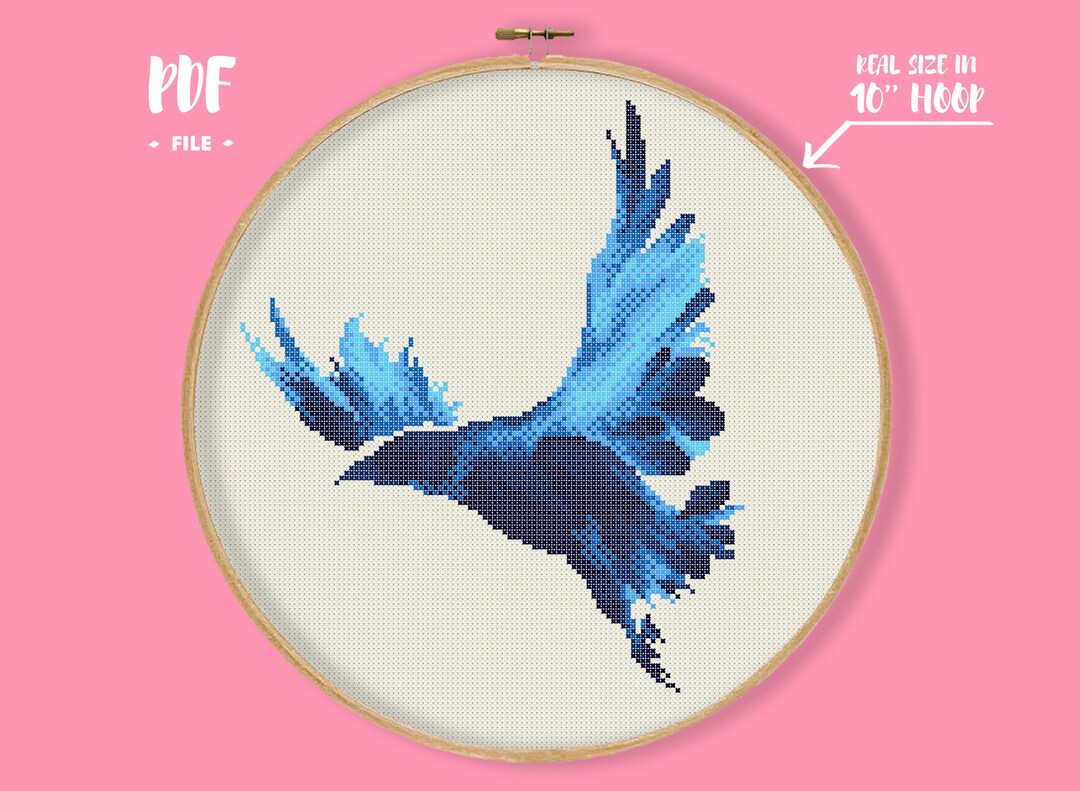 Blue Raven Cross Stitch Pattern, Abstract Crow Embroidery, Bird ...