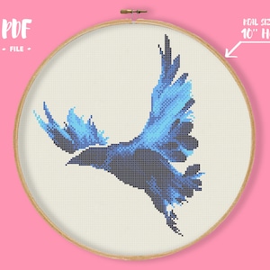 Blue Raven Cross Stitch Pattern, Abstract Crow Embroidery, Bird ...