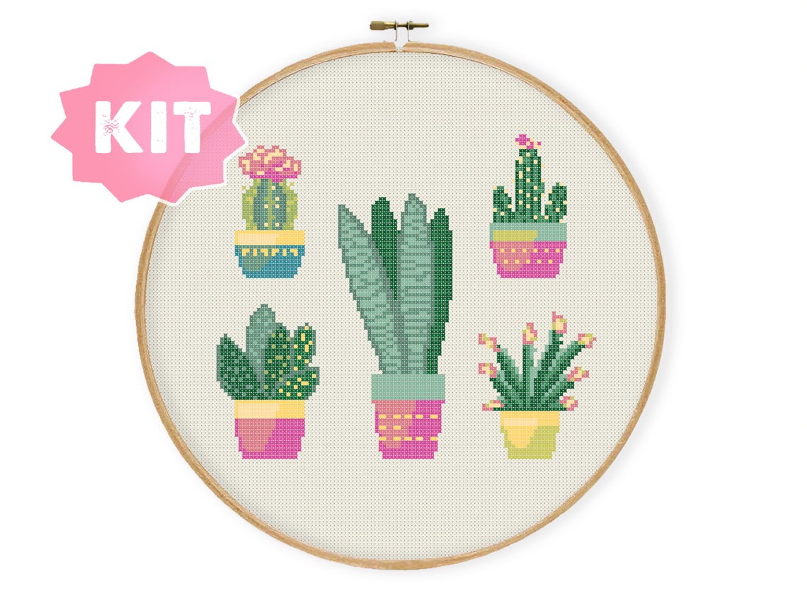 Cactus Succulent Floral Cross Stitch Kit, Botanical Tropical Flowers ...