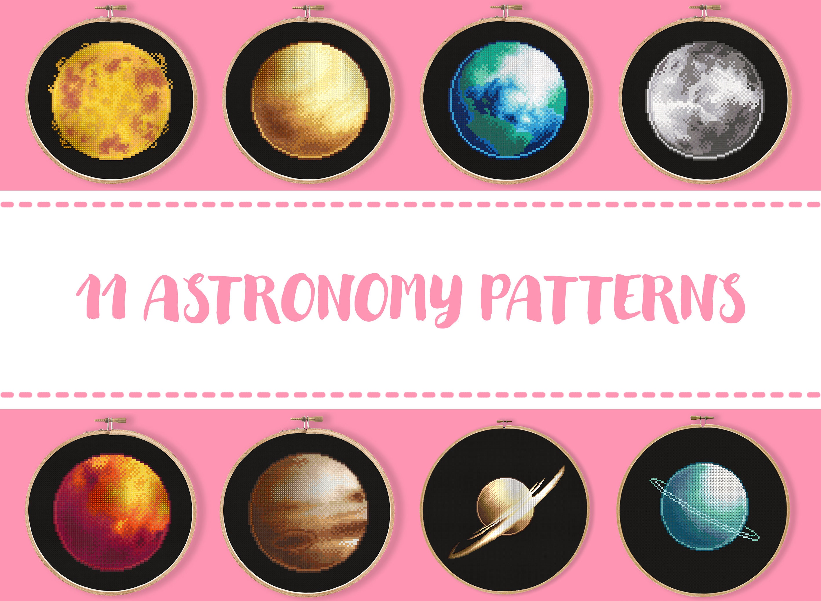 11 Astronomy Cross Stitch Patterns, Solar System Planets Sun and Moon ...