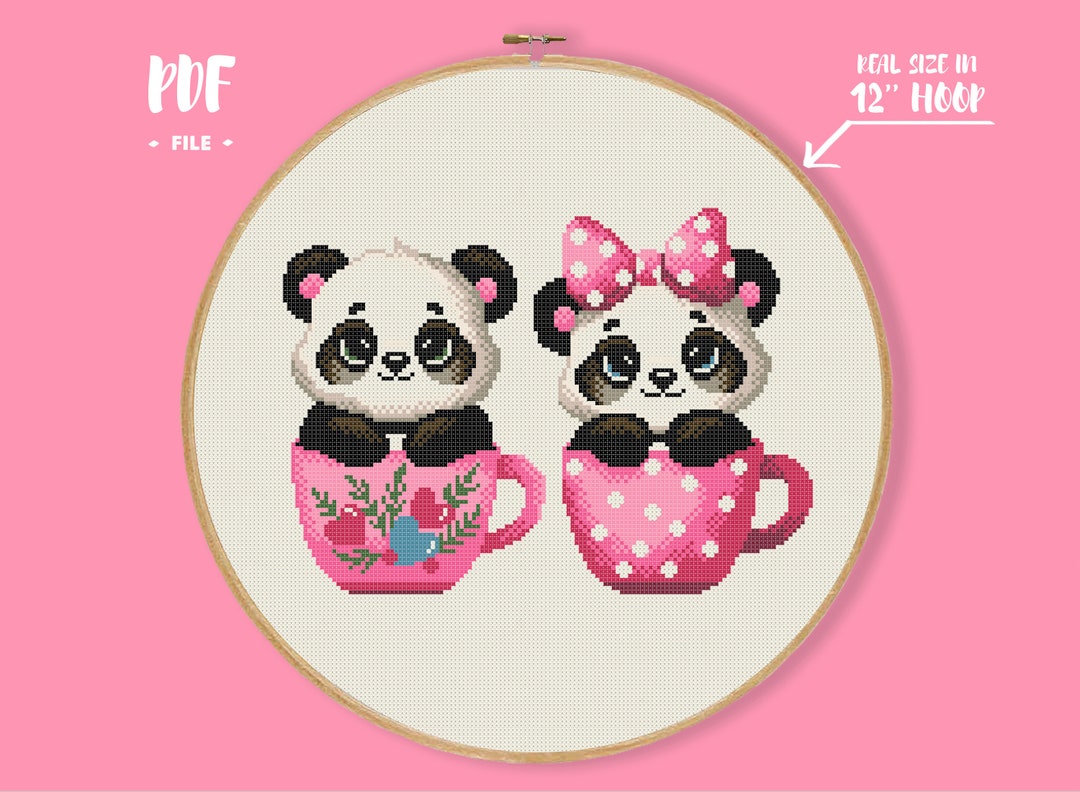 Pandas in Teacups Cross Stitch Pattern, Cute Kawaii Panda Embroidery ...