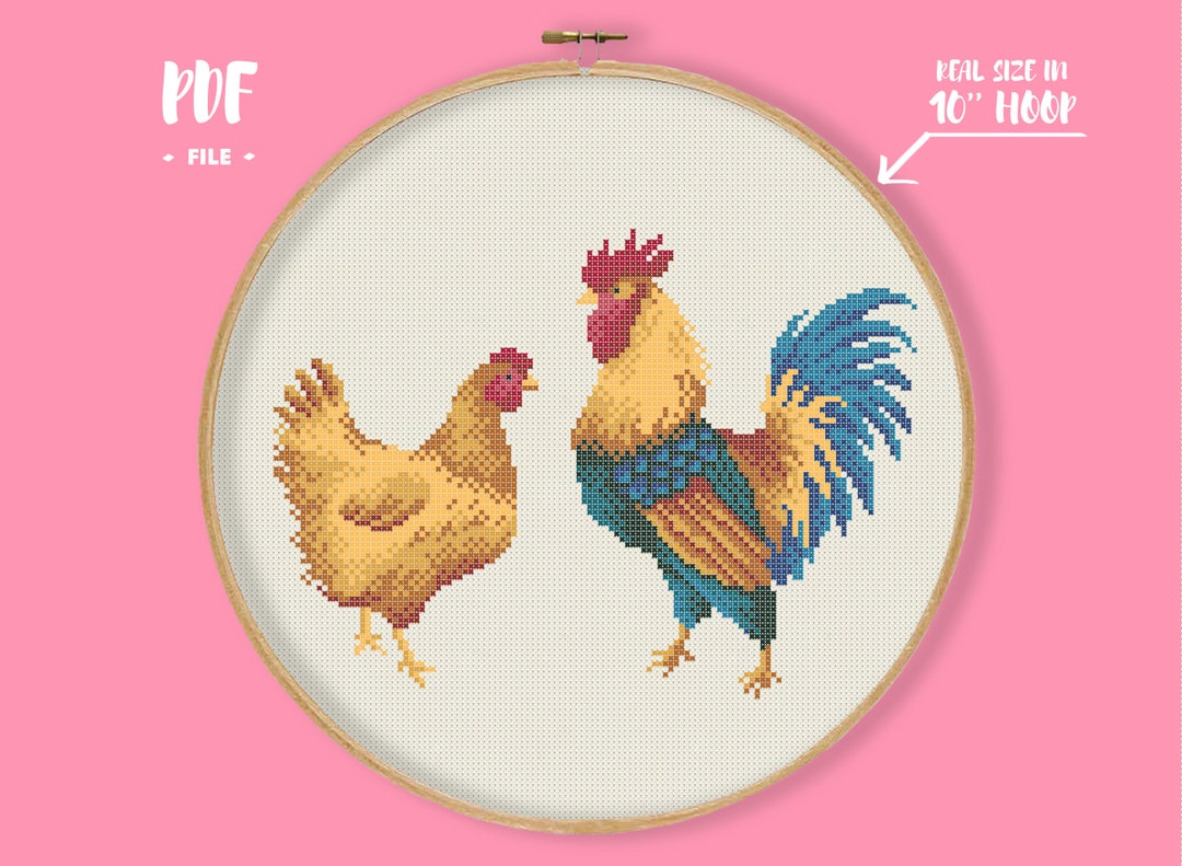 Rooster and Hen Cross Stitch Pattern, Farm Rural Animals Embroidery ...